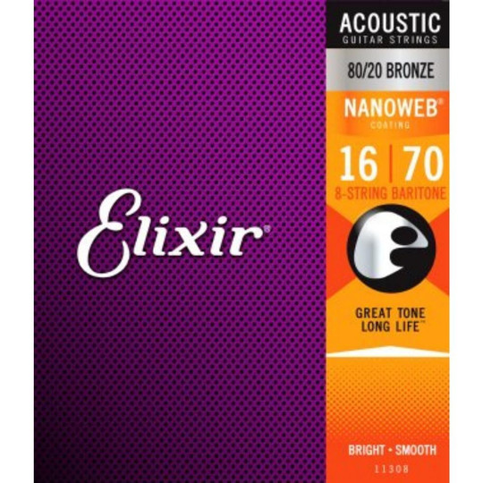 Elixir 11308 Nanoweb 80/20 Bronze Baritone 8-String Acoustic Strings ...