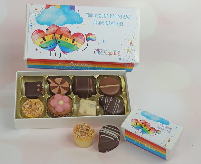 2 Luxury Pride Chocolates With Personalised LGBTQ+ Rainbow Heart Wrapper