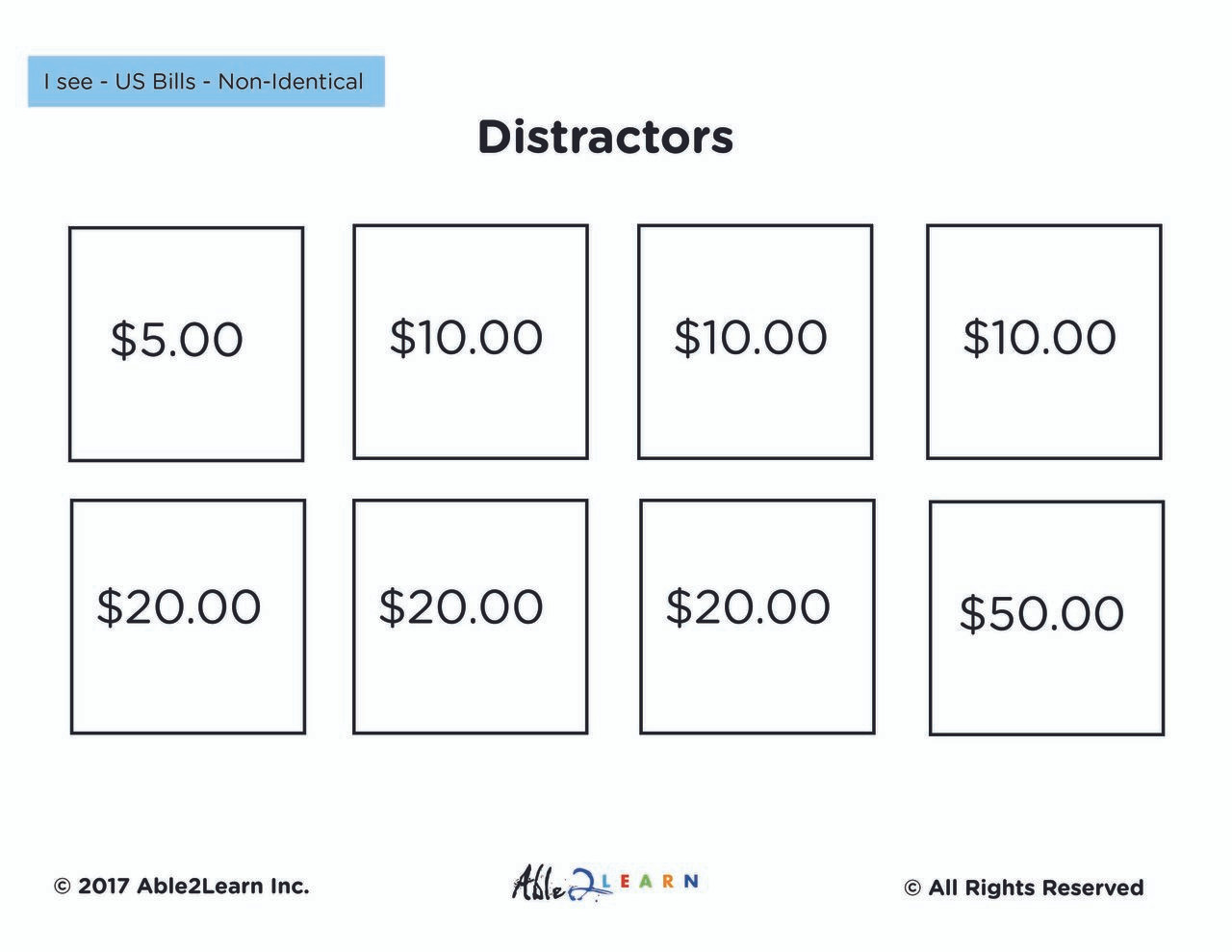 American Dollar Bills Non Identical Matching: Free Math Adapted Book