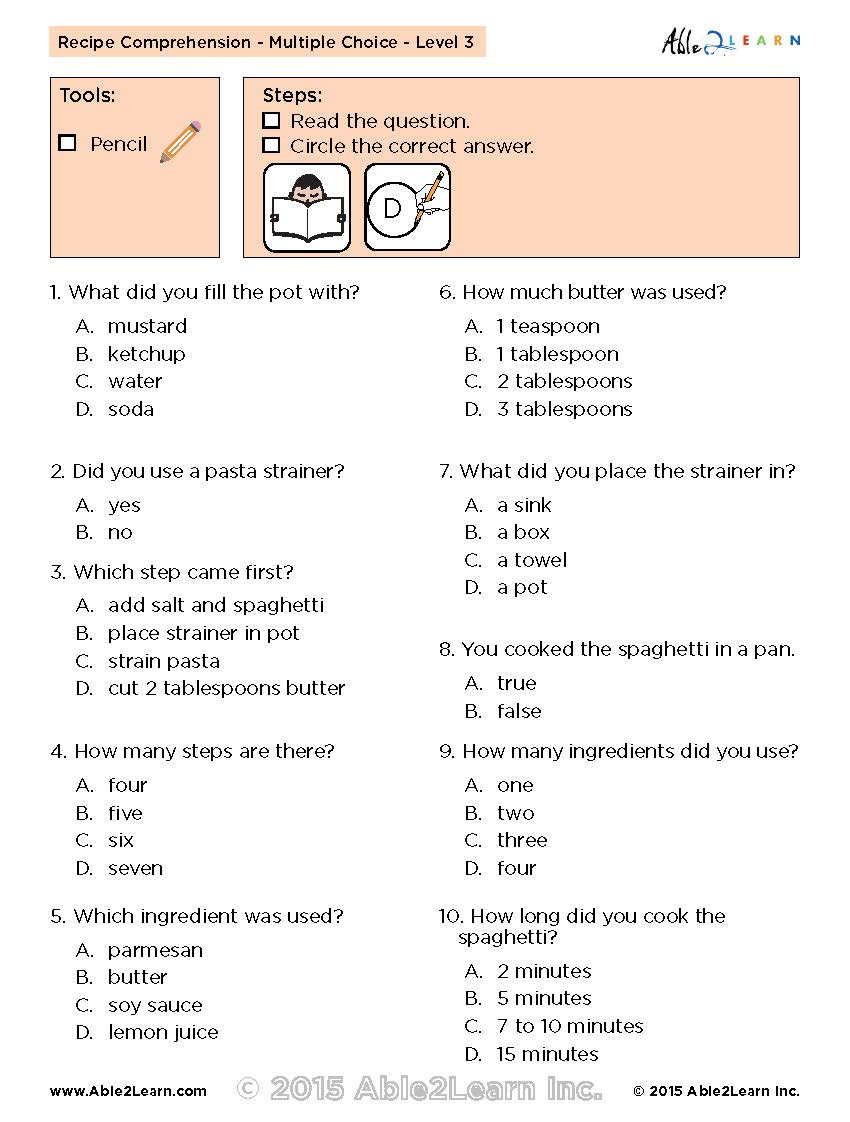 Free Spaghetti With Butter Visual Recipe with Comprehension Sheets