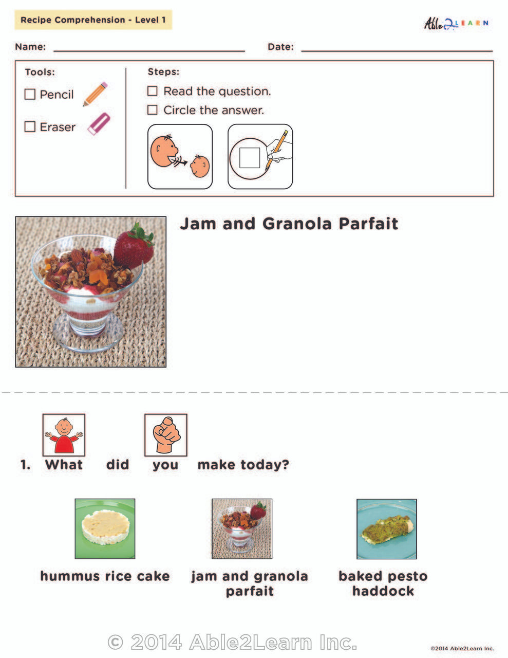 Jam Granola Parfait Recipe Visual Recipe with Comprehension Sheets