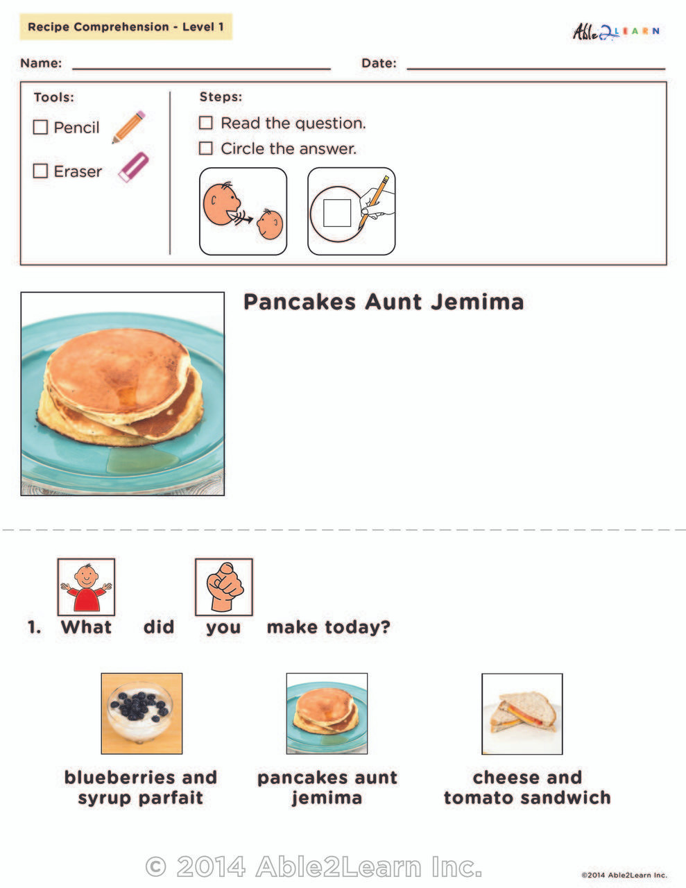 Pancakes ( Aunt Jemima) Recipe And Comprehension Sheets