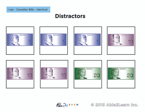 Canadian Dollar Bills Identical Matching: Free Math Adapted Book
