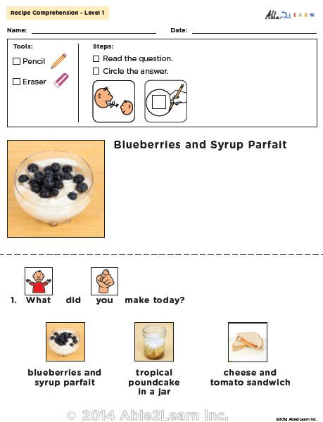 Blueberries and Syrup Parfait Recipe And Comprehension Sheets: Pages 16 ...