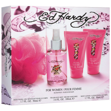 ED HARDY 4 PCS SET FOR WOMEN: 3.4 FRAGRANCE MIST + 1.7 BODY LOTION + 1. ...