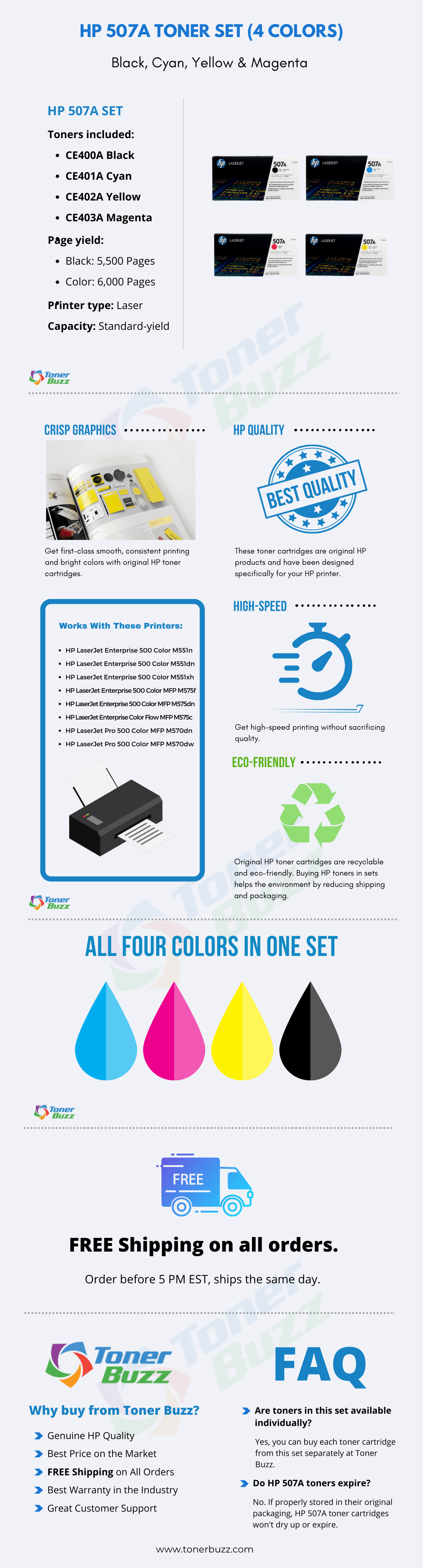 HP 507A Toner Set (Standard-Yield) | 4 Colors | Black, Cyan, Magenta ...