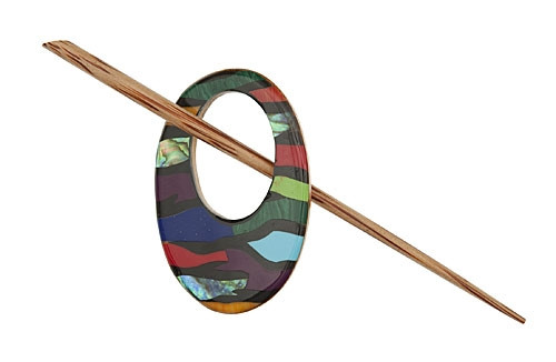 Teardrop Abstract Resin and Shell Shawl Closure with Wooden Stick Pin