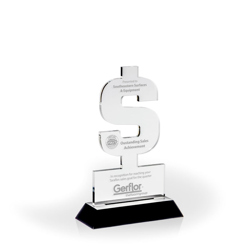 Dollar Sign Award with Black Wood Base - Engraved | Acrylic Awards ...