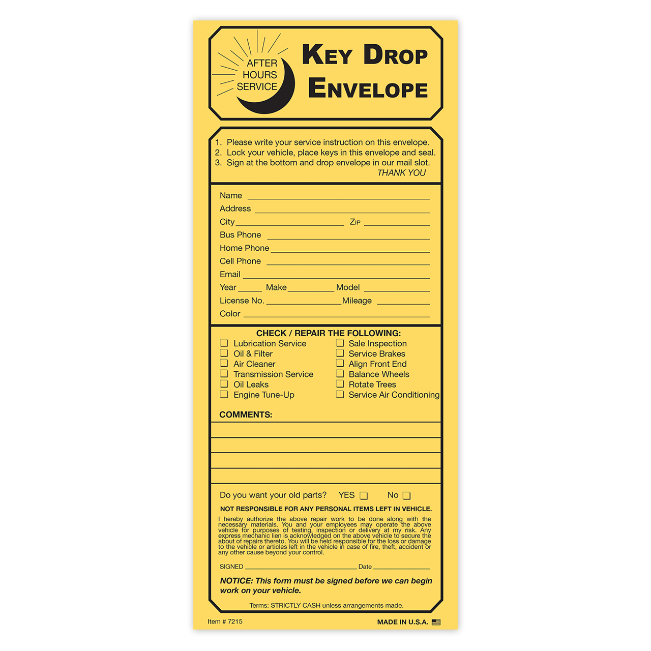 Key Drop Envelope - Check Box/Comments