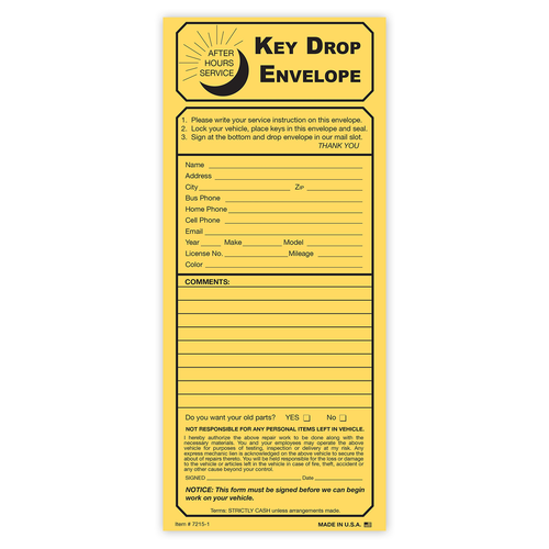 Key Drop Envelope - Check Box/Comments