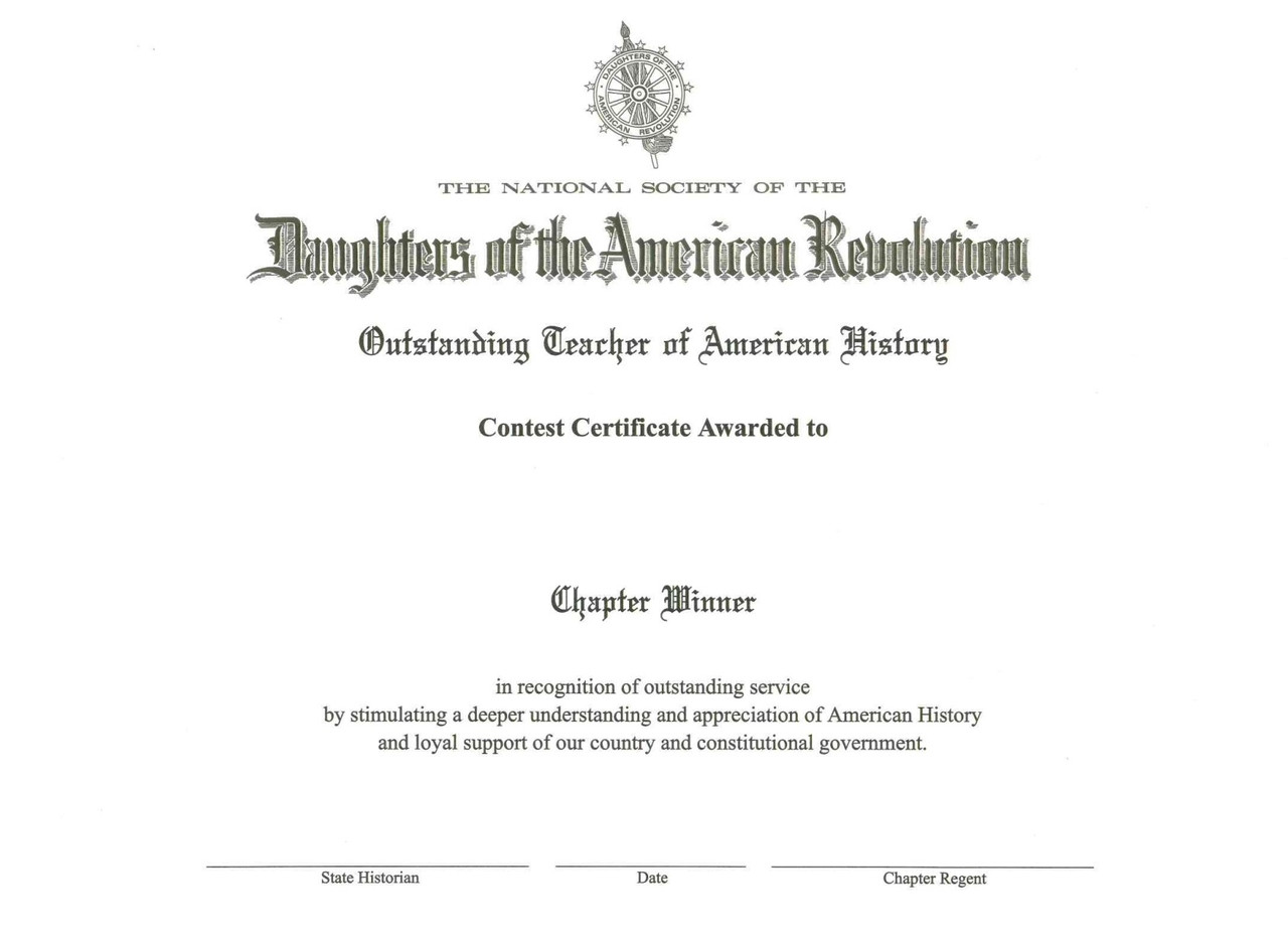 Outstanding Teacher of American History Chapter Winner Certificate ...