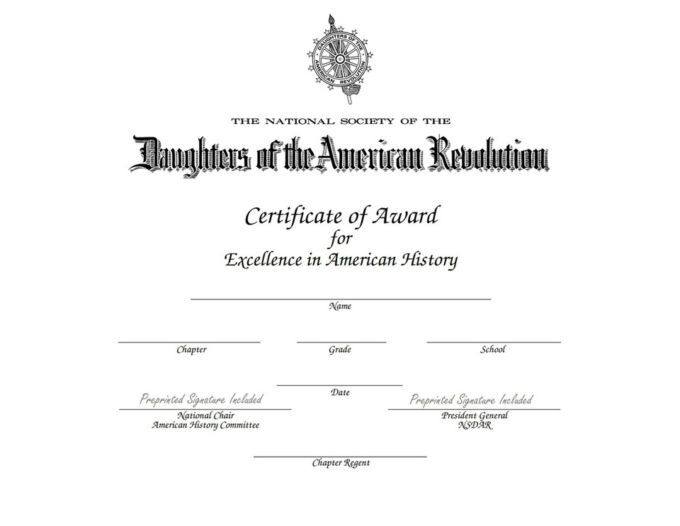 Certificate of Award for Excellence in American History - DAR Shopping