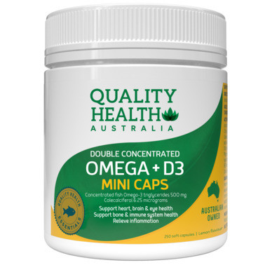 Quality Health Double Concentrated Omega + Vitamin D 250 Mini Caps ...