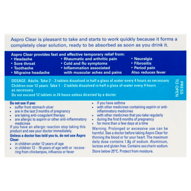 Aspro Clear Pain Relief Aspirin 60 Soluble Tablets | Blooms The Chemist