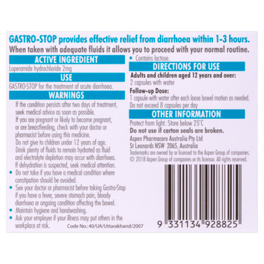 Gastro Stop Loperamide - 12 Cap | Blooms The Chemist