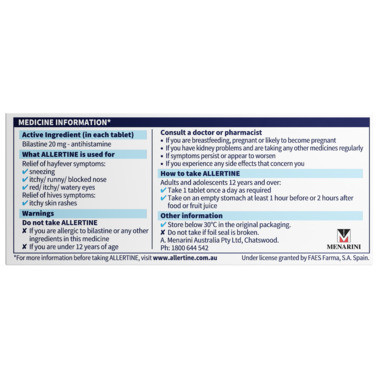 Allertine 20mg 30 Tablets (S3) | Blooms The Chemist