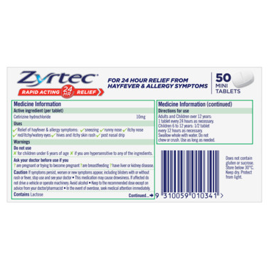 Zyrtec 10mg 50 Mini Tablets | Blooms The Chemist