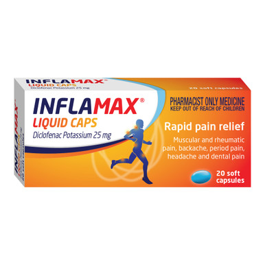 Inflamax 25mg 30 Liquid Capsules (S3) | Blooms The Chemist