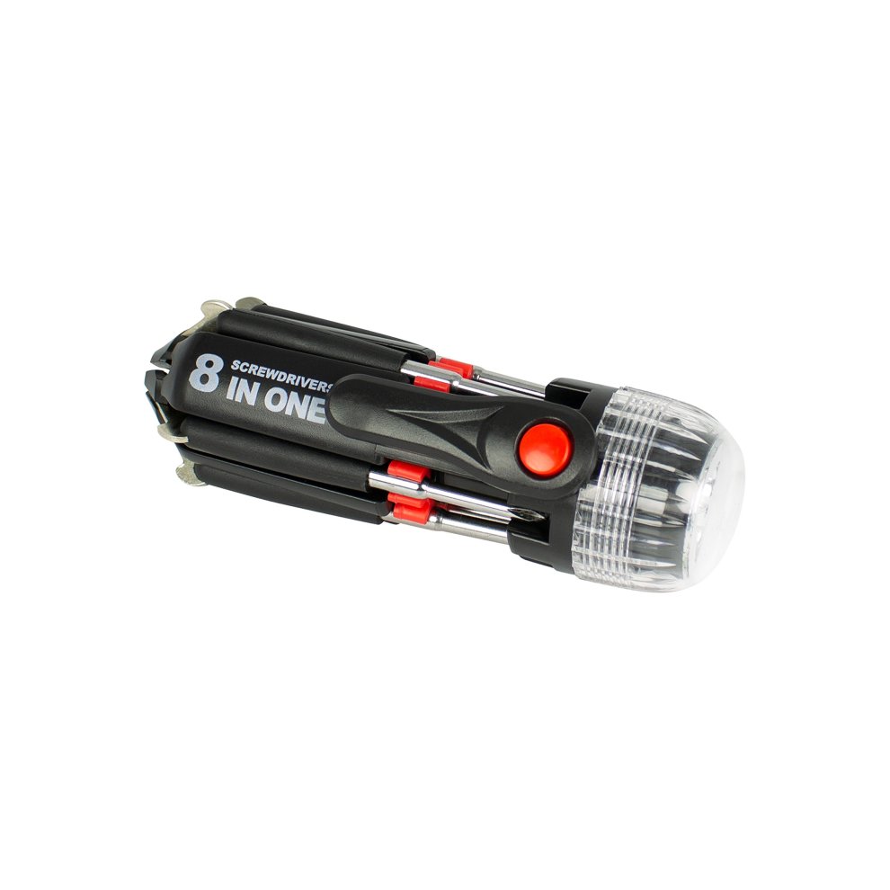 Global Gizmos 8 in 1 Screwdriver with Belt Clip & LED Torch