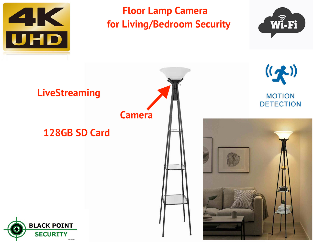 Functional Tall Floor Lamp Light 4K UHD WIFI DVR Hidden Camera Audio