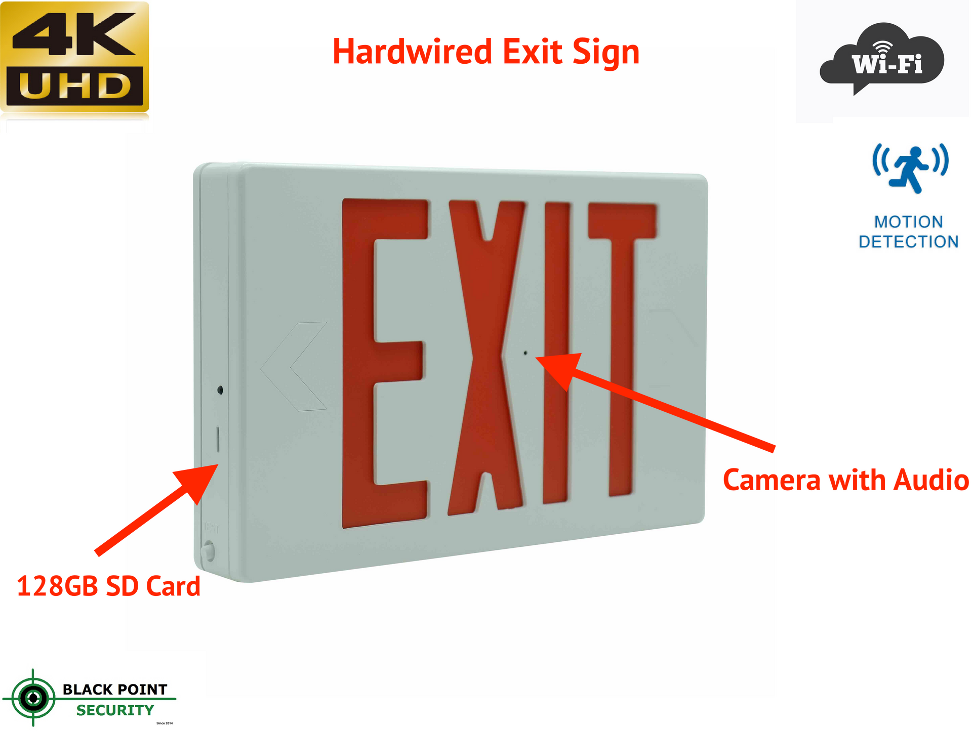 4K UHD Hardwired Exit Sign WIFi Hidden DVR Camera with Audio