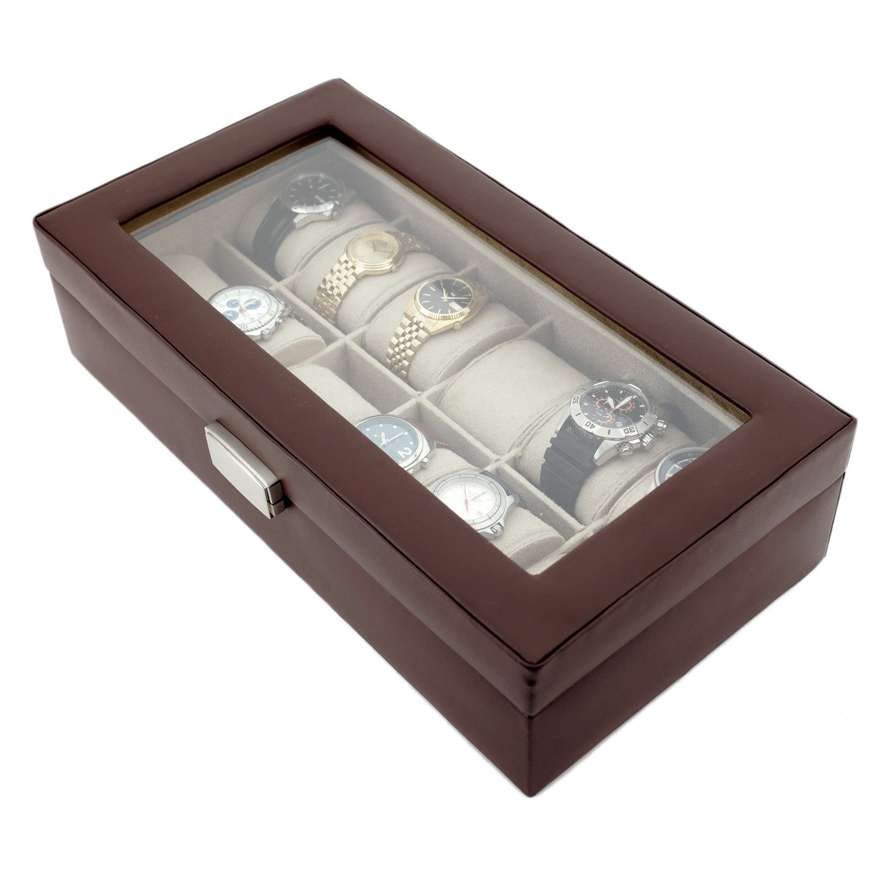 12 Wide Slot Leather Brown Watch Box Large XL 65mm