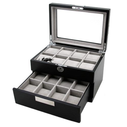 Black 16 Watch Case With Metal Tabs Wood Box TechSwiss