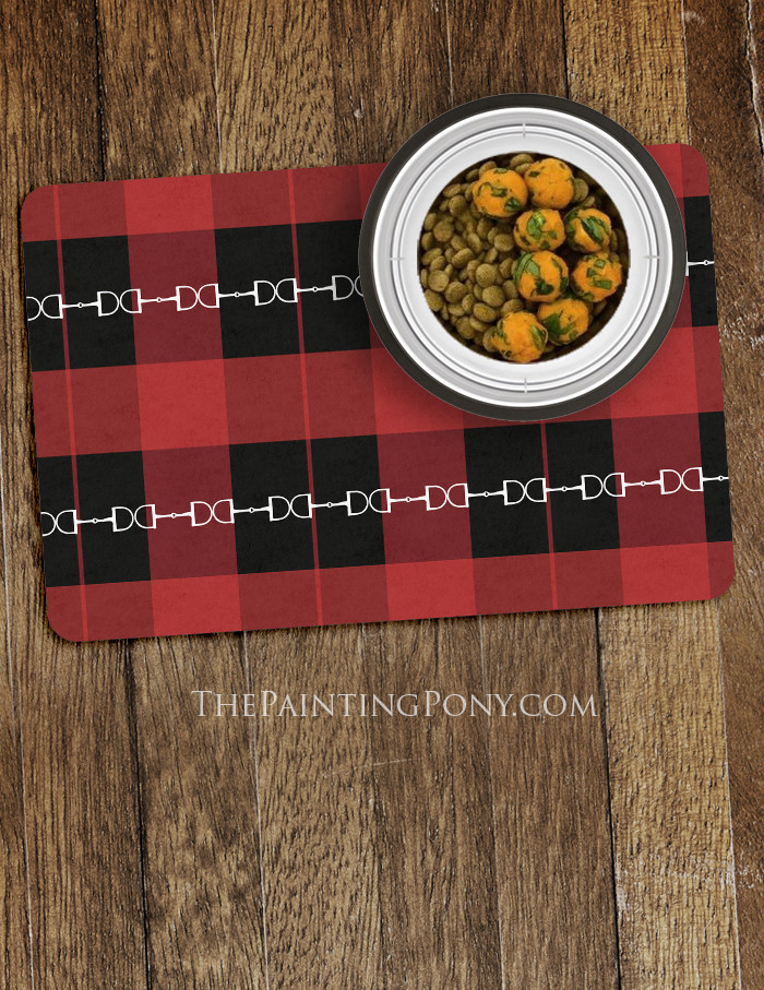 Fall Horse Bit Plaid Pattern Equestrian Pet Food Mat - The Painting Pony