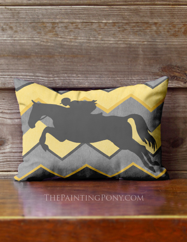 Yellow and Grey Chevron Jumping Horse Accent Pillow - The Painting Pony
