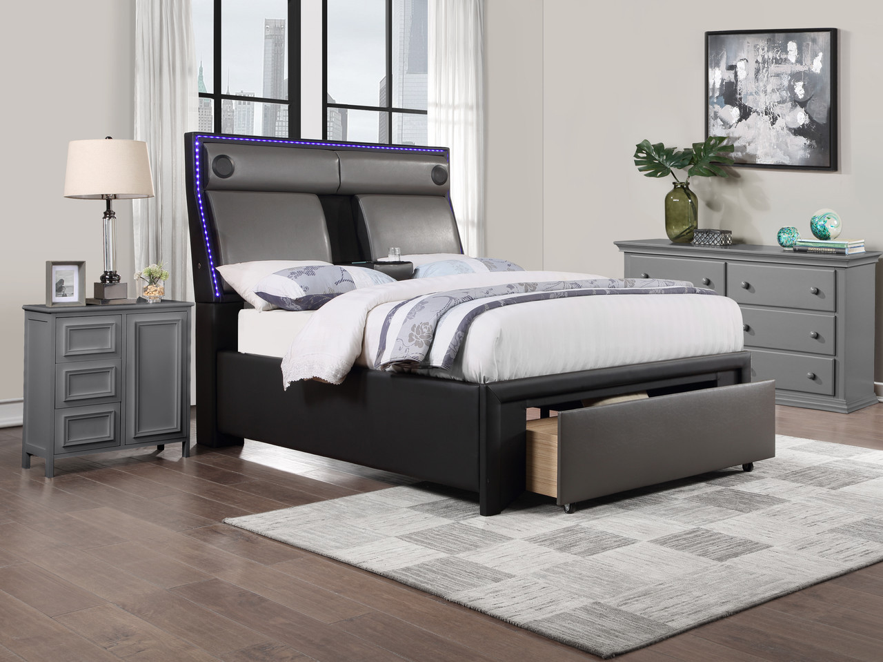 COVAK Black & Gray LED Storage Bed with Drop-Down Tray - CB Furniture