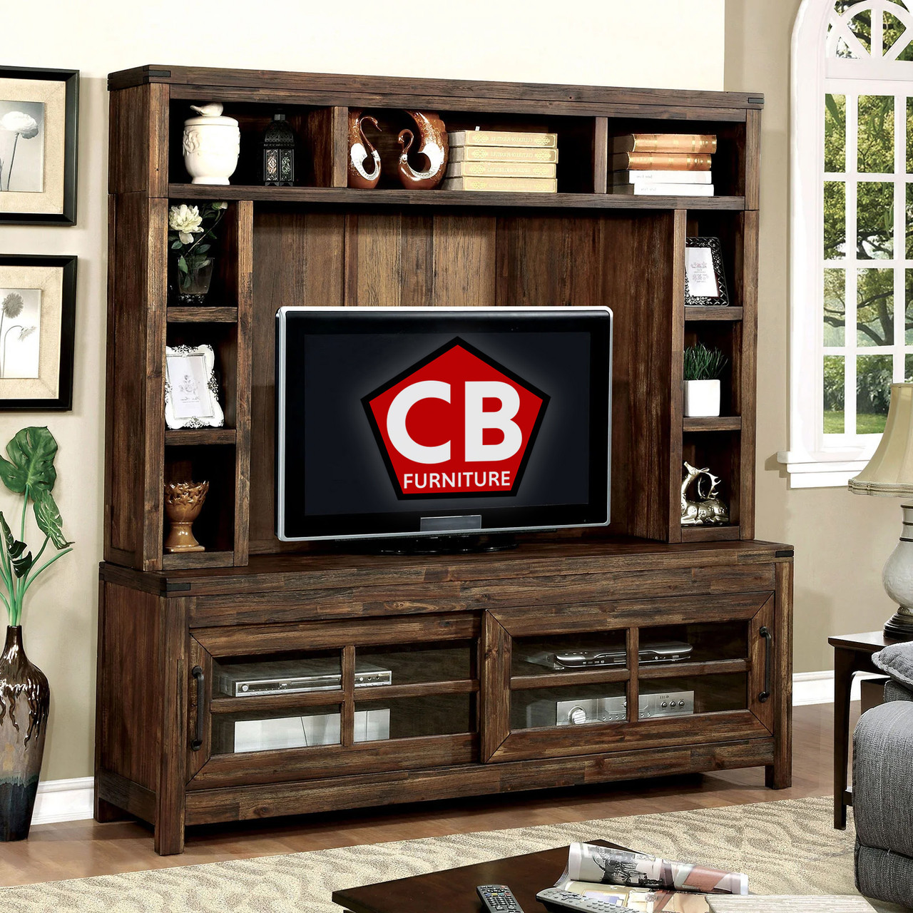 CLEMENCIO Distressed Dark Brown 72" Wide Wall Unit - CB Furniture