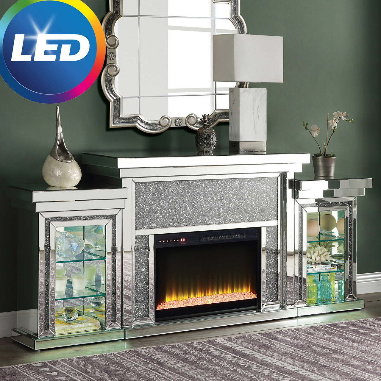 ACROPOLIS Mirrored 81" Wide Fireplace with LED Lights - CB Furniture