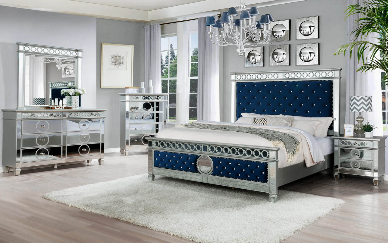 INSIGNA Blue Velvet & Mirror Bedroom Set - CB Furniture