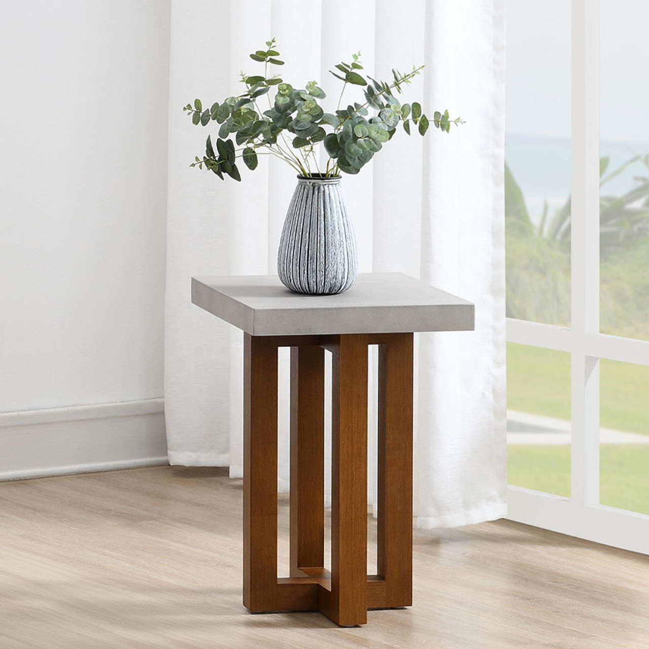 Keven End Table Faux Concrete Top Walnut Finish