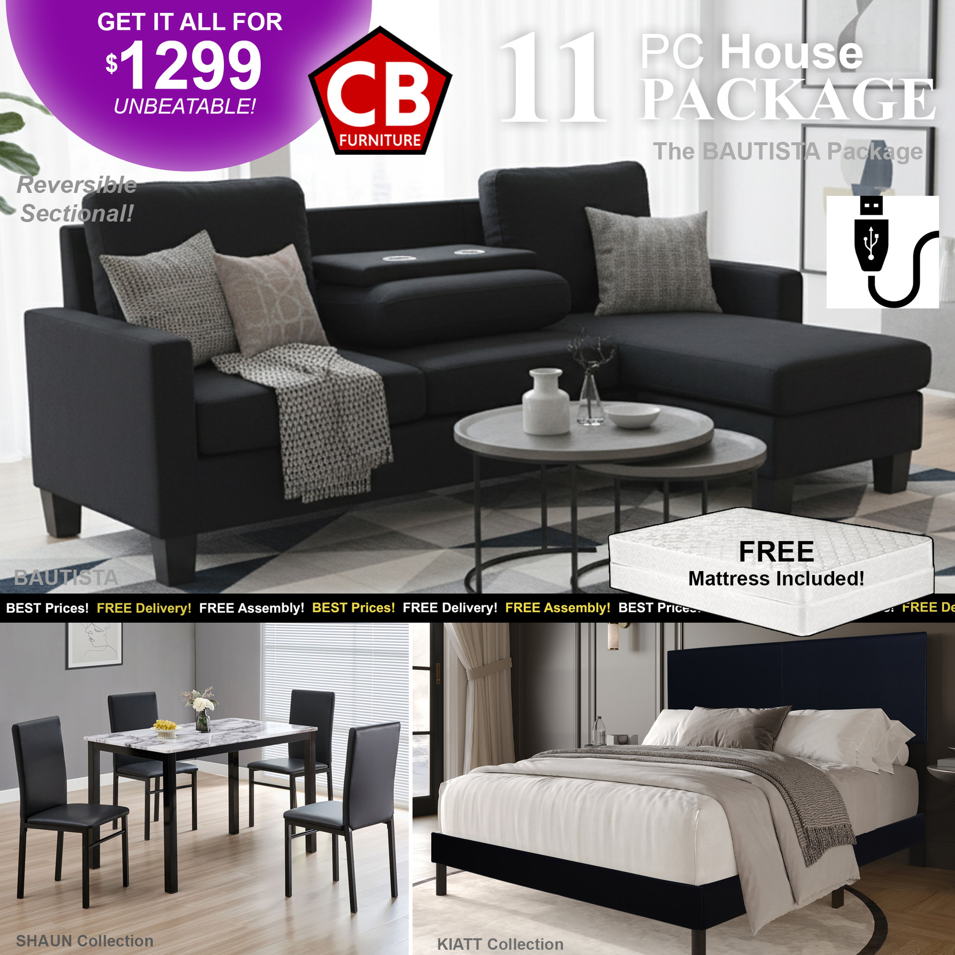 The BAUTISTA Black 12 Piece Home Furniture Package - CB Furniture