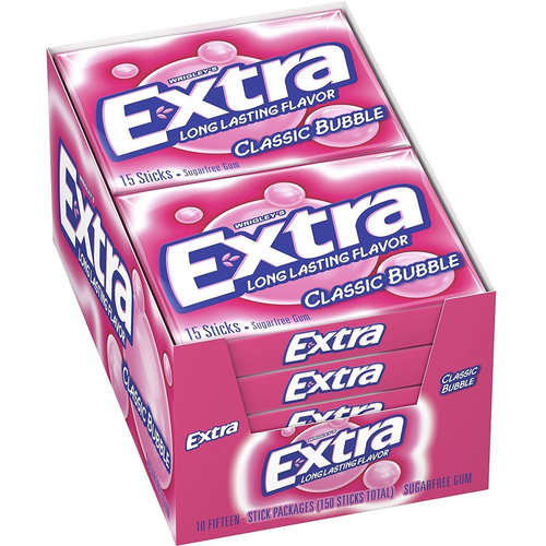 Wrigley's Extra, Classic Bubble Gum, 15 Piece Packs (10 Count) - RocketDSD