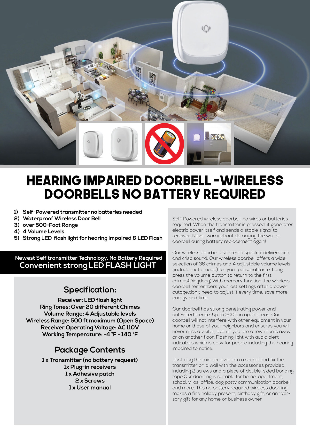 Hearing Impaired DOORBELL-WITH Flashing Light