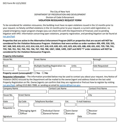 HPD VIOLATION REISSUANCE REQUEST FORM