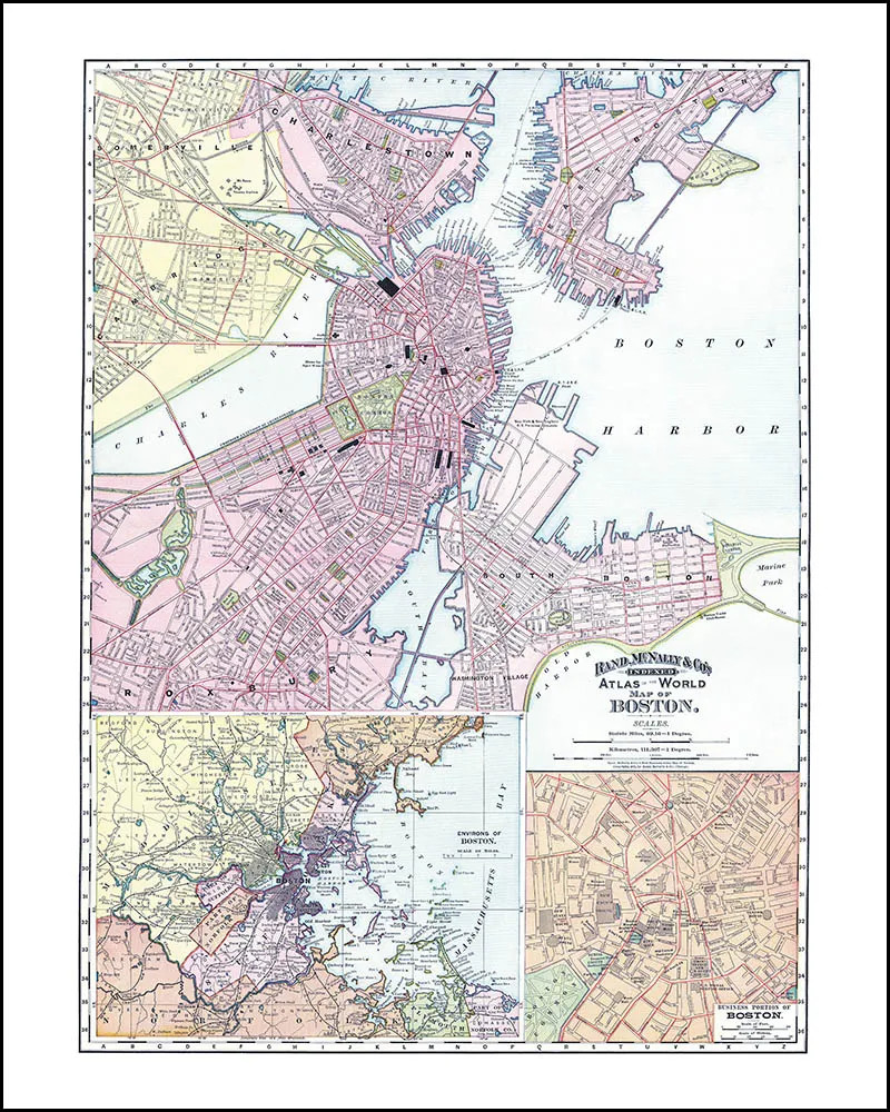 Vintage wall map print of Boston circa 1897