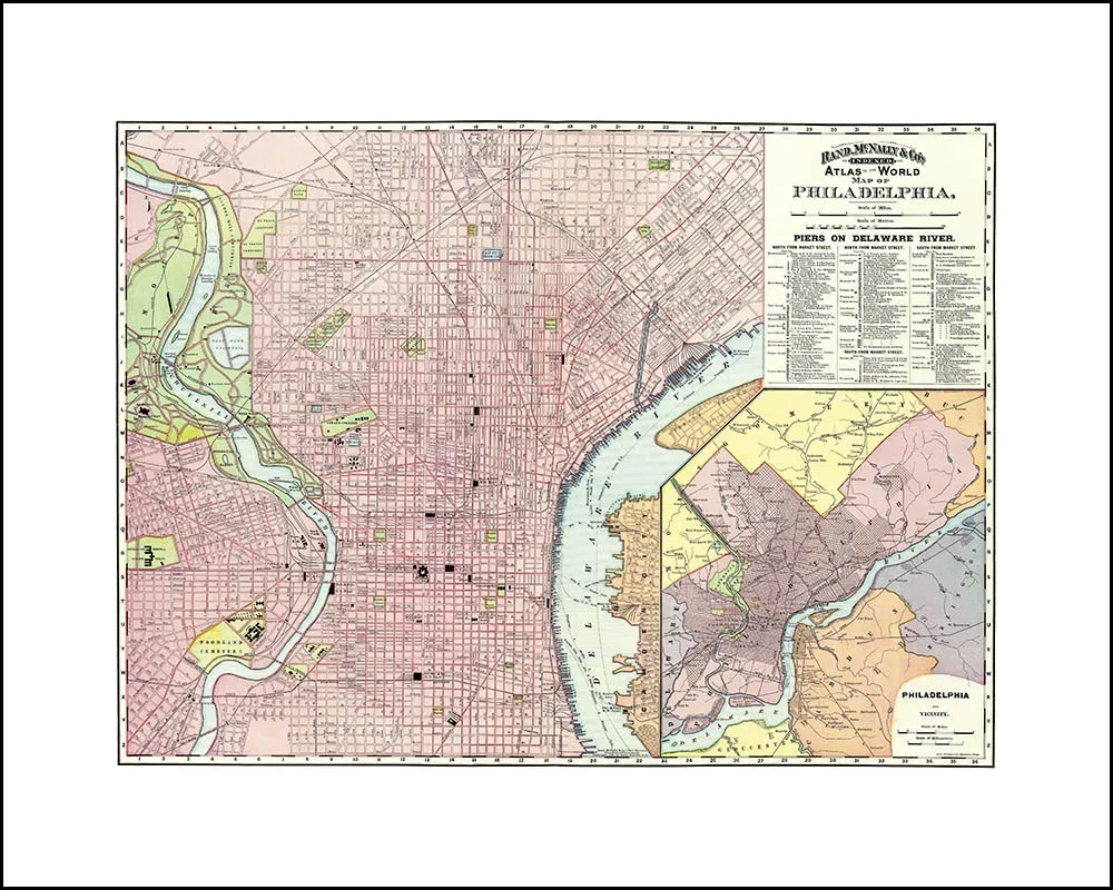 Vintage wall map print of Philadelphia circa 1891