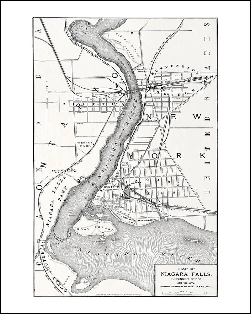 Vintage wall map print of Niagara Falls circa 1885