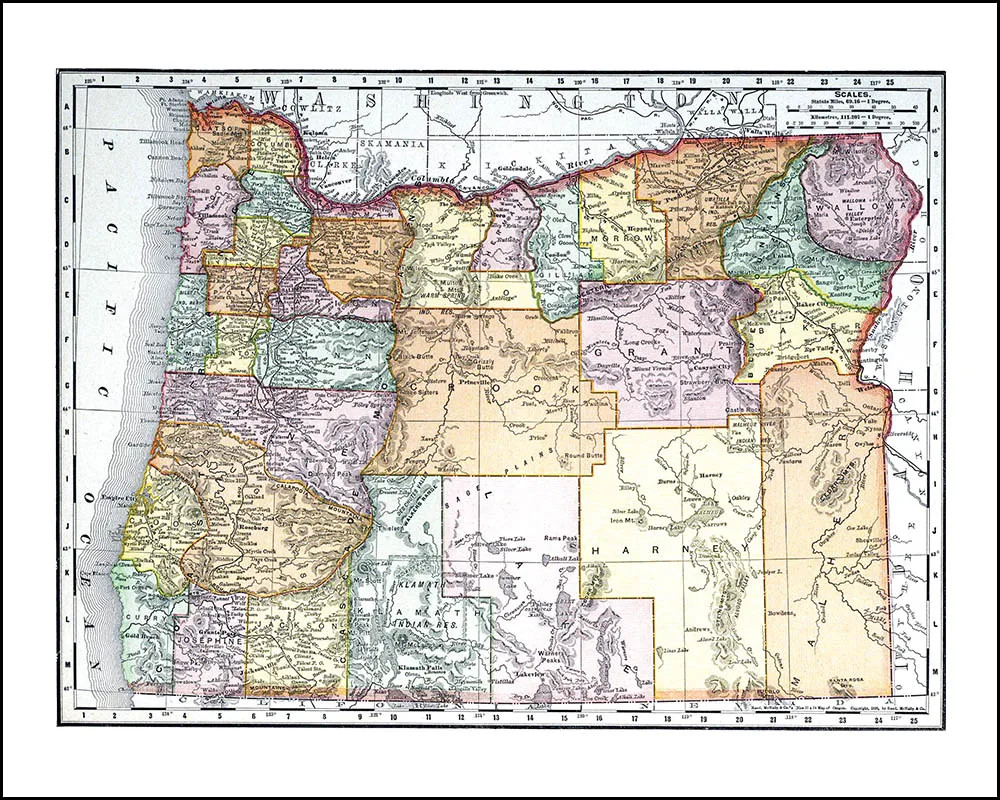 Vintage wall map print of Oregon circa 1895