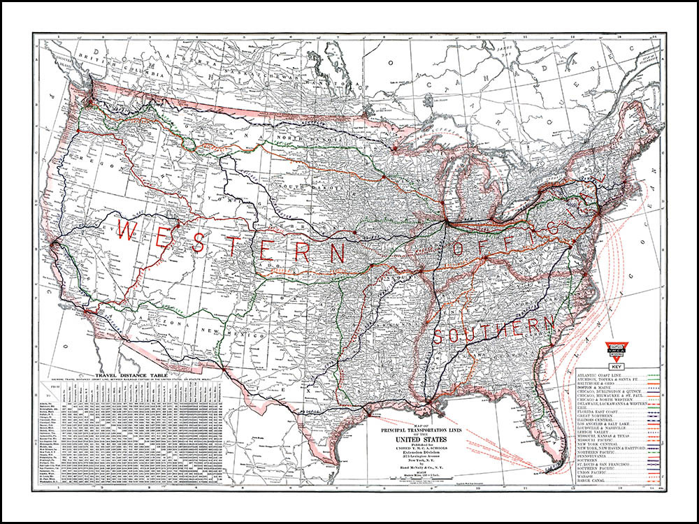 Vintage wall map print of principal transportation lines of the US ...