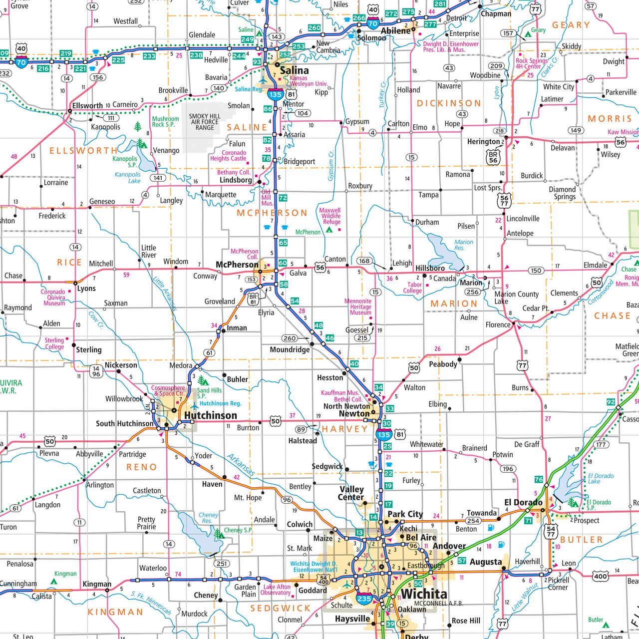 Large Detailed Roads And Highways Map Of Kansas State With Cities
