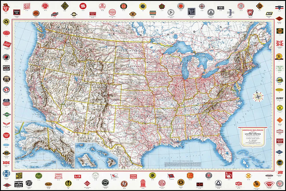 Vintage wall map print of the American Railroads circa 1959
