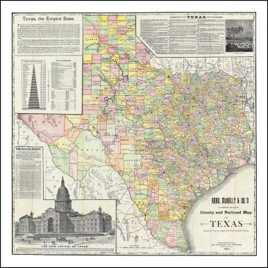 Vintage wall map print of Texas, circa 1891