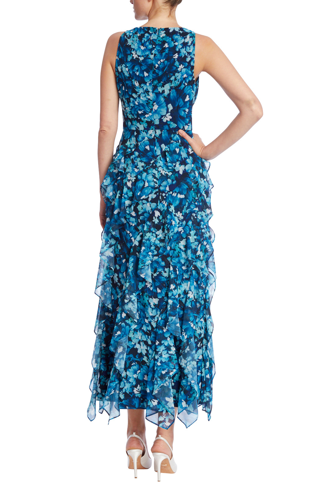 Cascading Ruffles Dress with Floral Print by Badgley Mischka