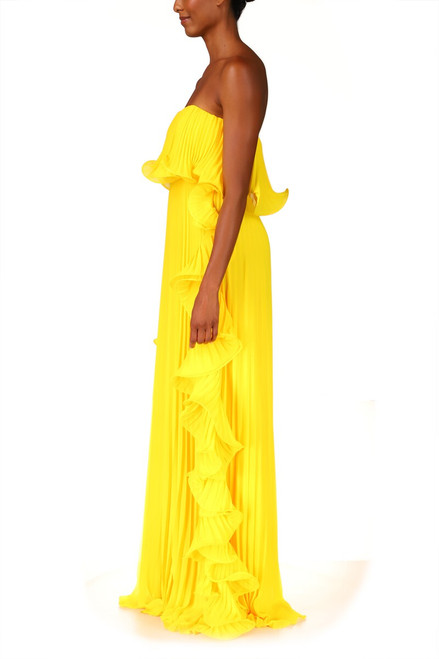 Pleated Strapless Dress with Side Ruffles by Badgley Mischka