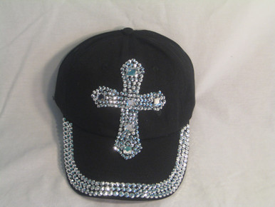 Black Cap with Cross and Rhinestoned Trim - Shield of Faith Gifts