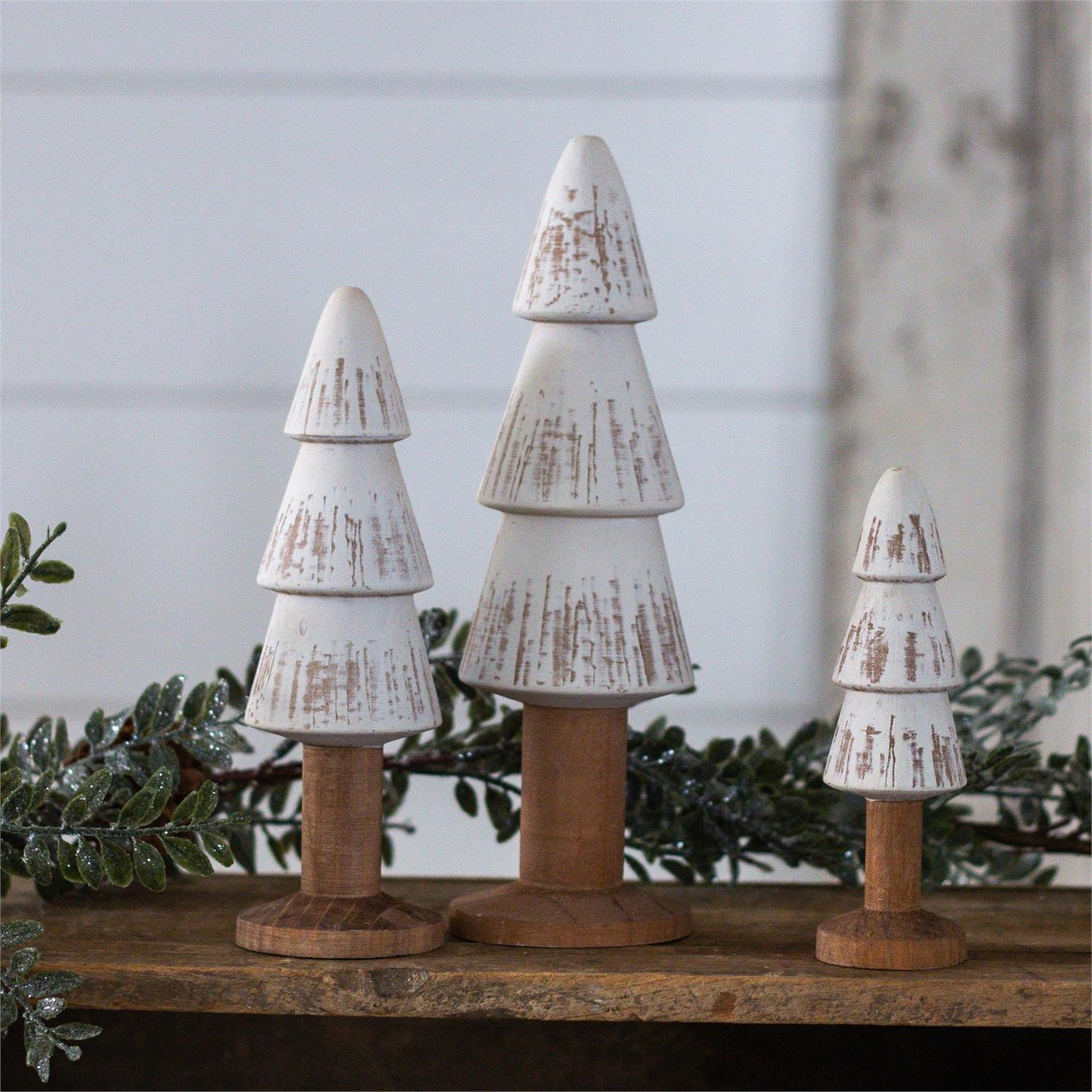 White Washed Wooden Tabletop Trees - Set Of Three